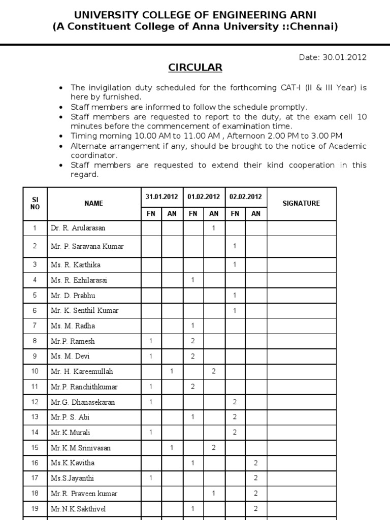 Invigilation Schedule Cat 1 | PDF | Tamil Cinema | Cinema Of India