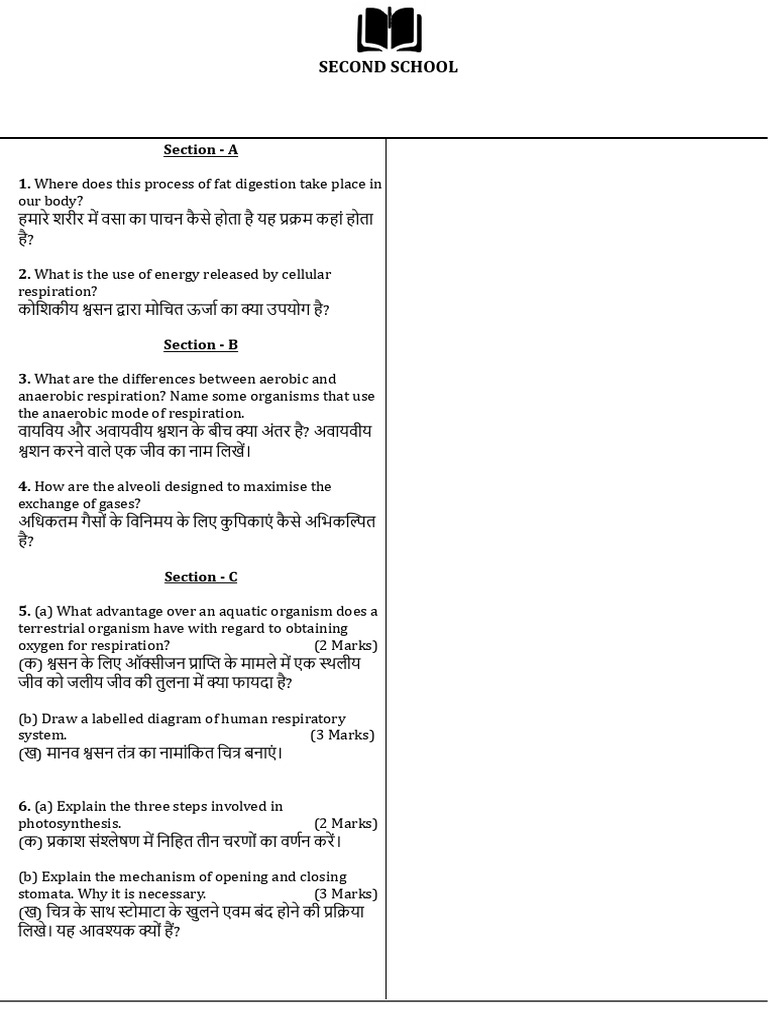 Class - 10th Biology Test Paper | PDF