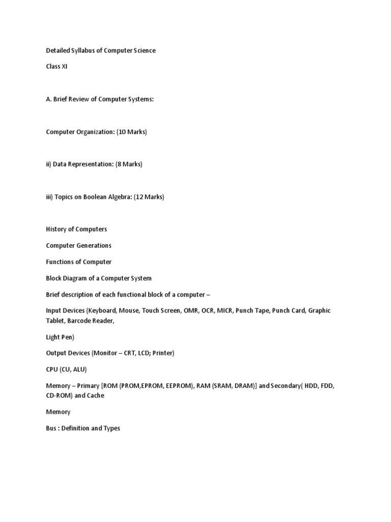 Detailed Syllabus of Computer Science for class 11-12 [West Bengal ...