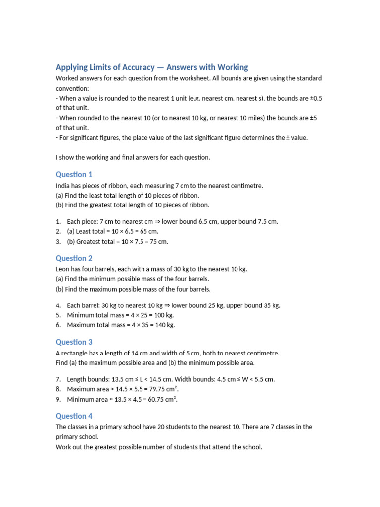 Limits of Accuracy: Worked Solutions | PDF | Significant Figures | Area