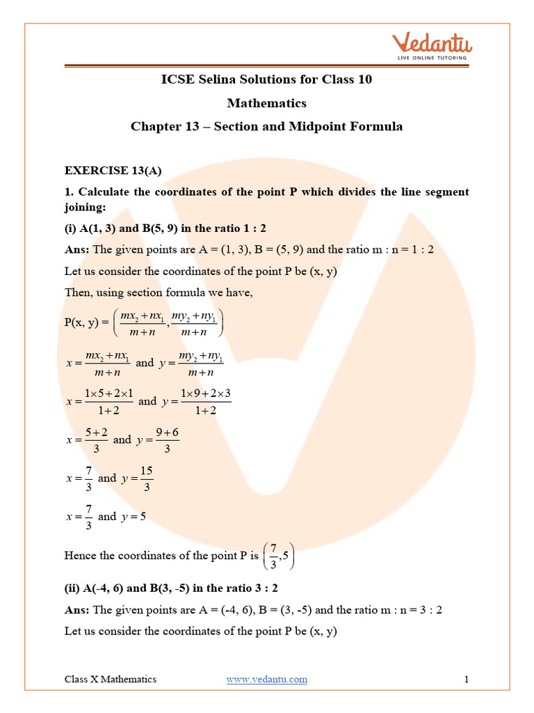 ICSE Class 10 Math: Section & Midpoint Formulas | PDF | Euclidean ...