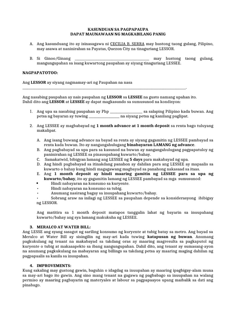 Kasunduan Sa Paupahan | PDF