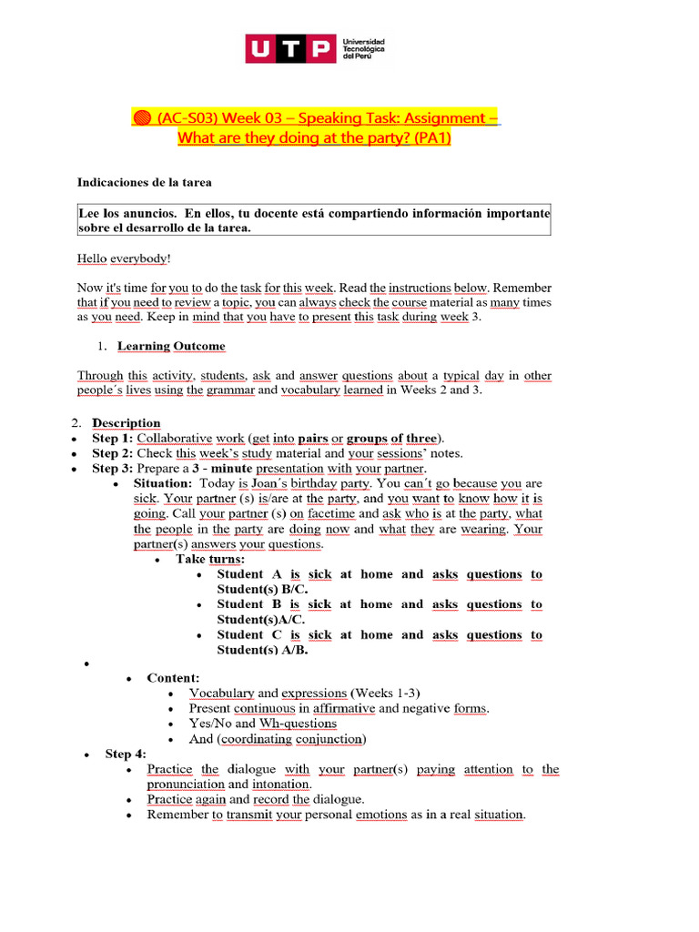 ? (AC-S02) Week 02 – Speaking Task Assignment – What are they doing at the party (PA1 ) - INGLES ...