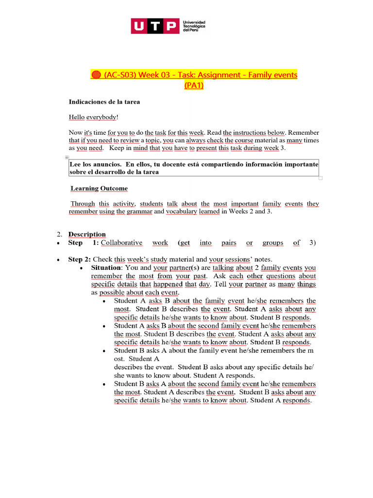 ? (AC-S02) Week 02 - Task Assignment - Family events (PA1) (INGLES 3) | PDF