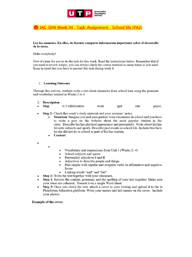 ? (AC-S02) Week 02 - Task Assignment - School life (PA2) (INGLES III) | PDF