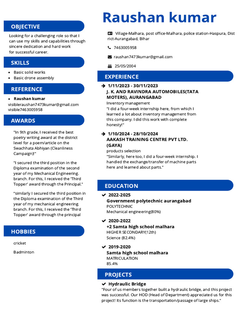 Raushan Resume (1) | PDF | Engineering