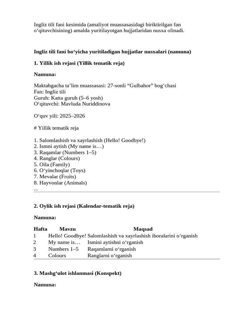 Ish Reja (Oquv Predmetlari Boyicha) | PDF