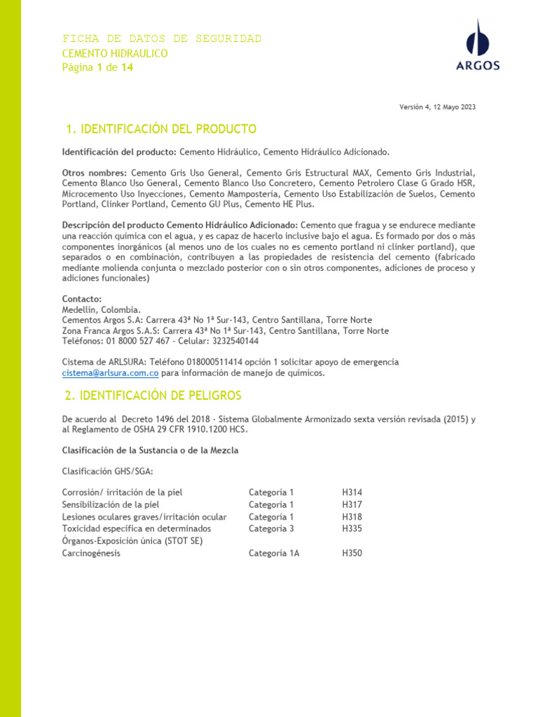 FICHA DE DATOS DE SEGURIDAD CEMENTOS REGIONAL COLOMBIAV4 (2) | PDF | Cemento | Quemar