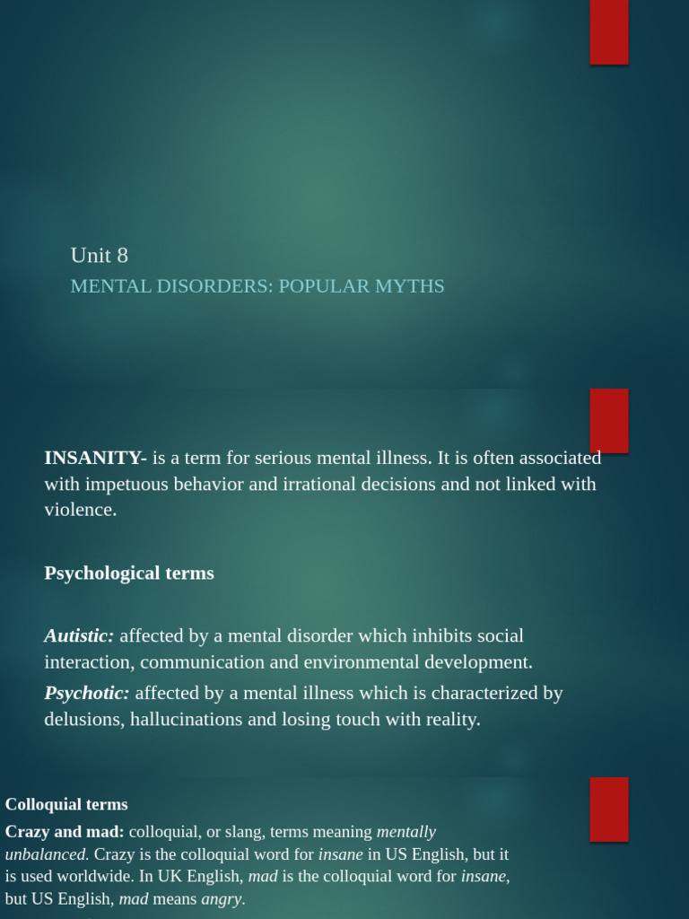 Unit 8 Mental Disorders | PDF | Mental Disorder | Insanity