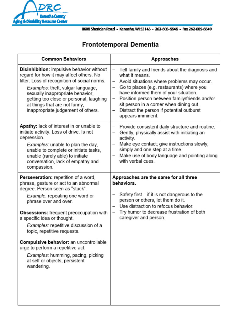 Frontotemporal Behaviors and Approaches | PDF | Dementia | Behavioural ...