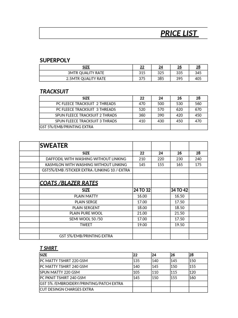 Comprehensive Clothing Price List | PDF | Fashion | Clothing