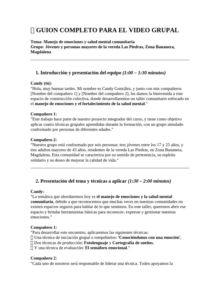 ? Guion Completo Para El Video Grupal 4 | PDF | Las emociones | Sicología