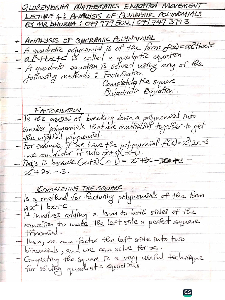 Lecture 4 Aanalysis of Quadratic Polynomials by Dhobha | PDF