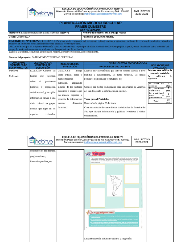 Planifc ECA DecimO SemanA-6!20!21 | PDF | Educación primaria | Turismo