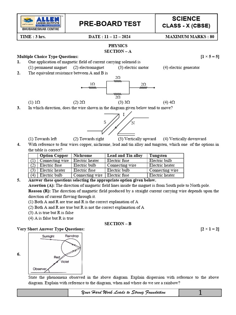 Cbse Class-10 Pre-board Test Science 11-12-2024 | PDF | Redox ...
