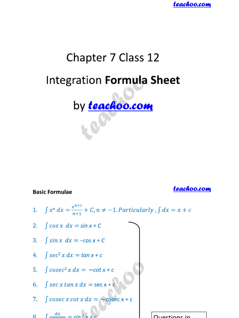Integration Formula Sheet | PDF