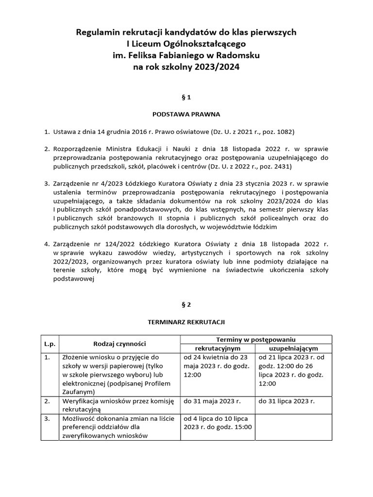 Regulamin Rekrutacji I LO 2023 2024 | PDF