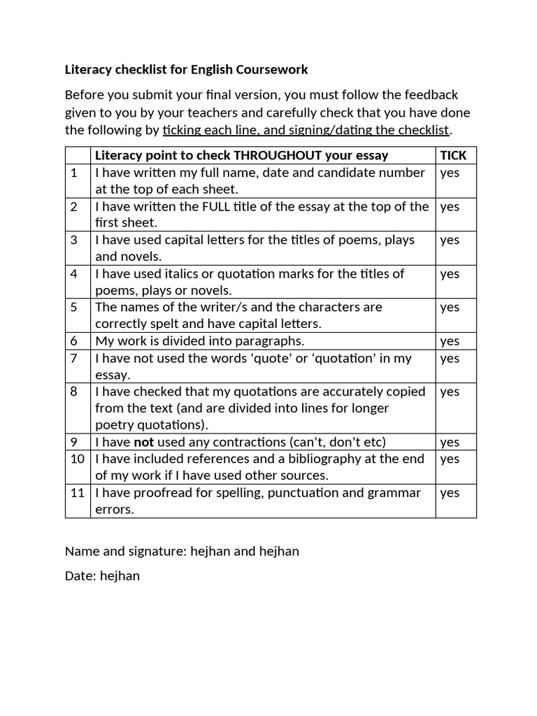 English Coursework Literacy Checklist | PDF
