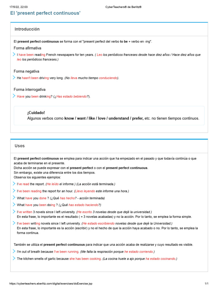 Presente Perfecto Continuo | PDF