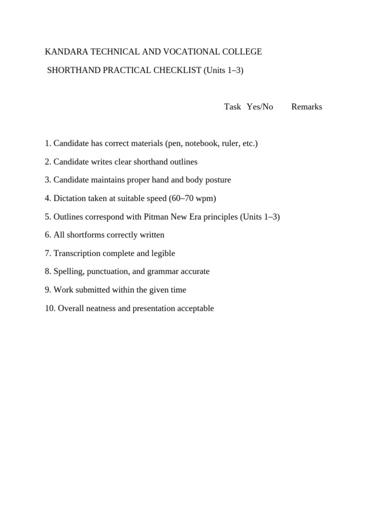 Shorthand Practical Checklist for Units 1-3 | PDF