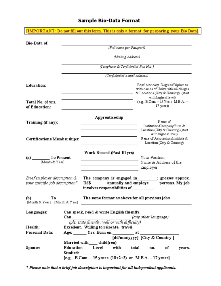Sample Bio-Data Format: IMPORTANT: Do not fill out this form. This is ...