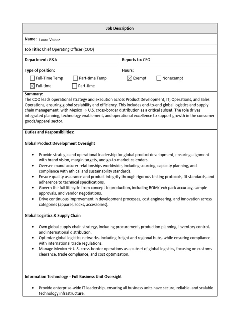 CONFIDENTIAL Chief Operating Officer (COO)_Job Description | PDF ...