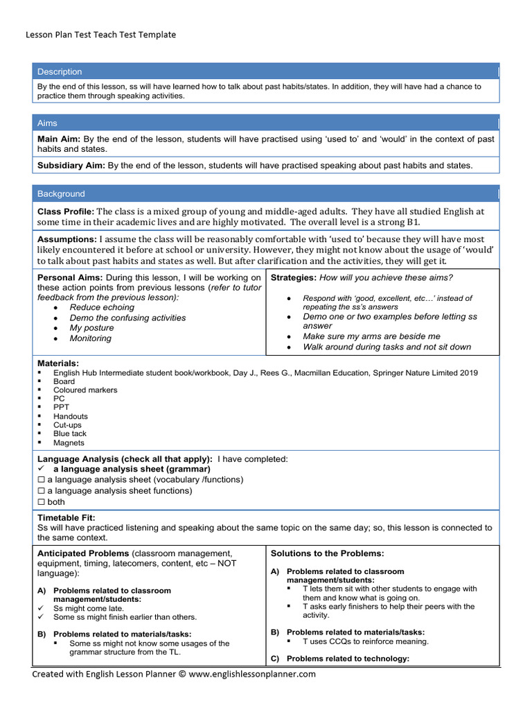 LP Grammar Test Teach Test | PDF | Lesson Plan | Behavior Modification