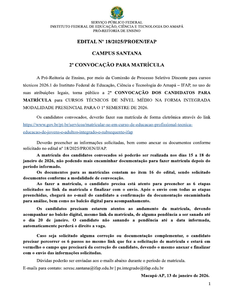 13.01.2026 2ª Convocação Para Matrícula Santana | PDF