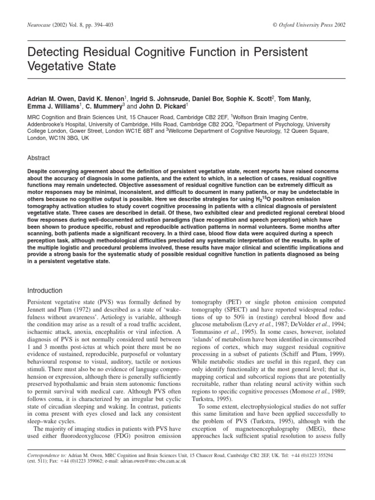 Residual Cognitive Function in PVS | PDF | Magnetoencephalography ...