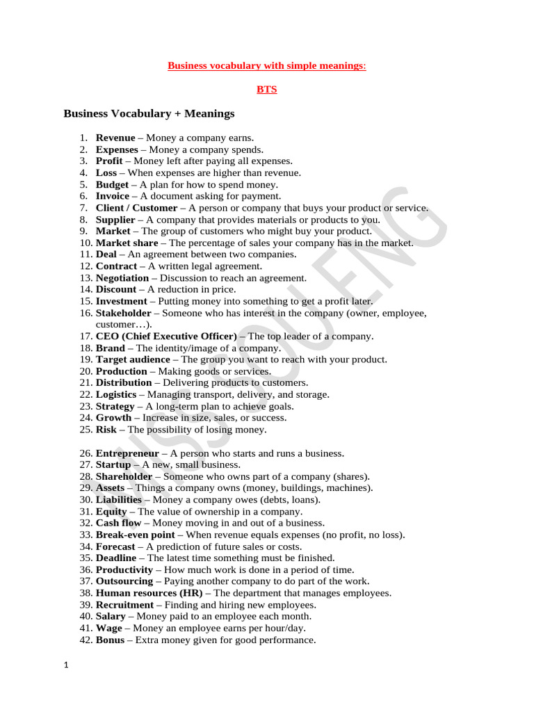 Essential Business Vocabulary Explained | PDF | Expense | Mergers And ...
