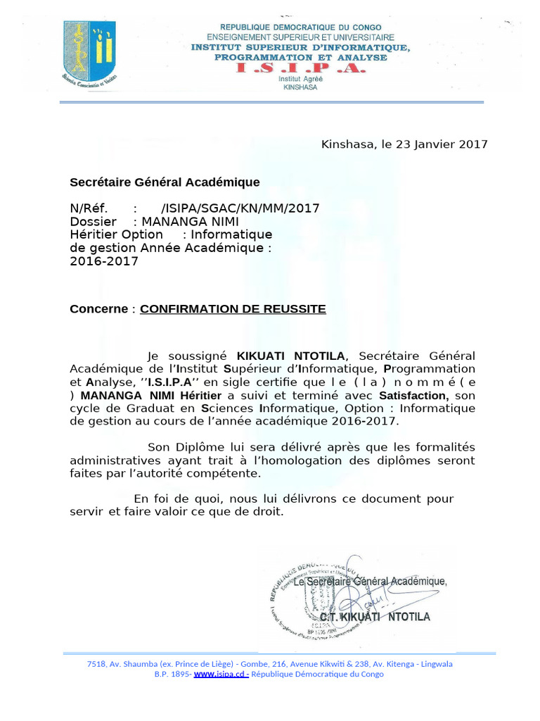Confirmation de réussite en Informatique | PDF