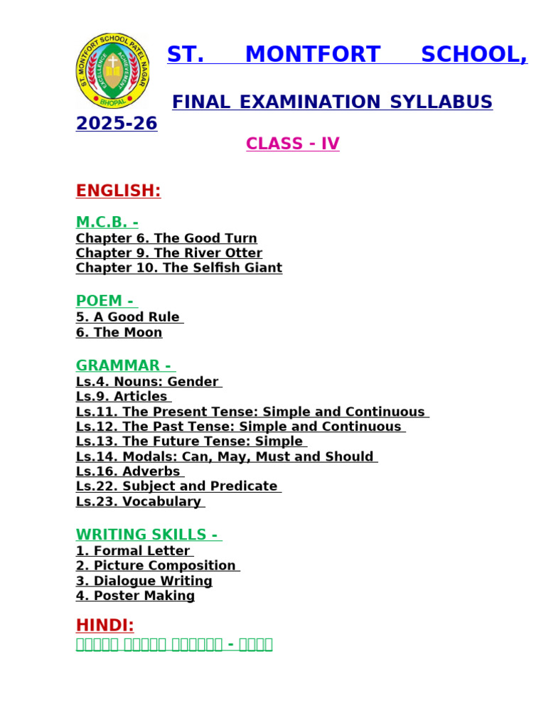 Class IV Final Examination Syllabus 2025-26 | PDF