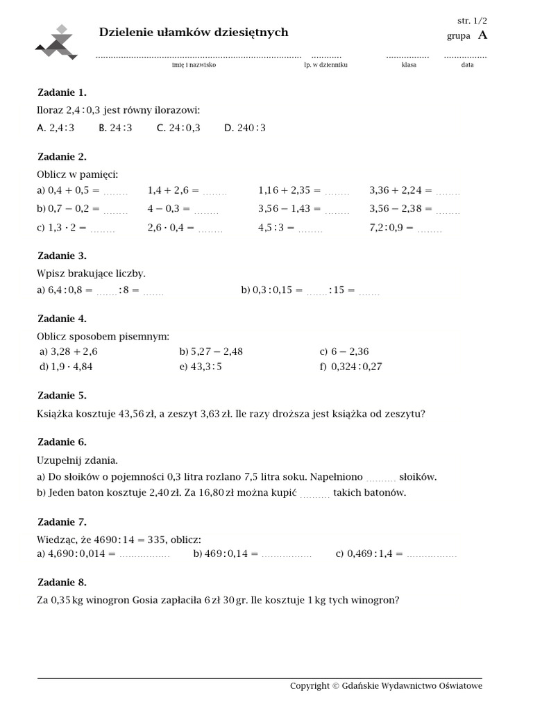 Dzielenie Ułamków Dziesiętnych Test | PDF