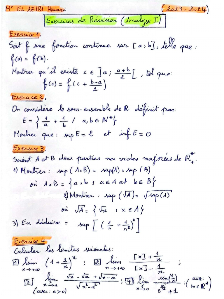 Exercices de Révision Analyse1 ELAZIRI Houari | PDF