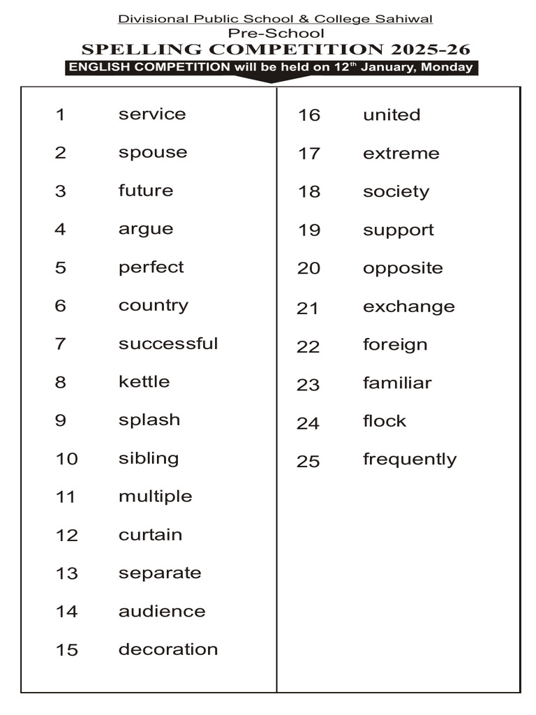 Spelling Competition Class Prep Eng-urdu 2025-26 | PDF