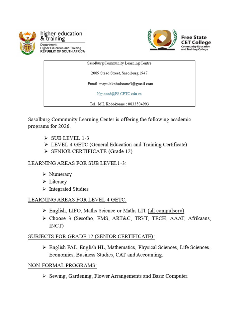 Sasolburg Learning Center Programs 2026 | PDF