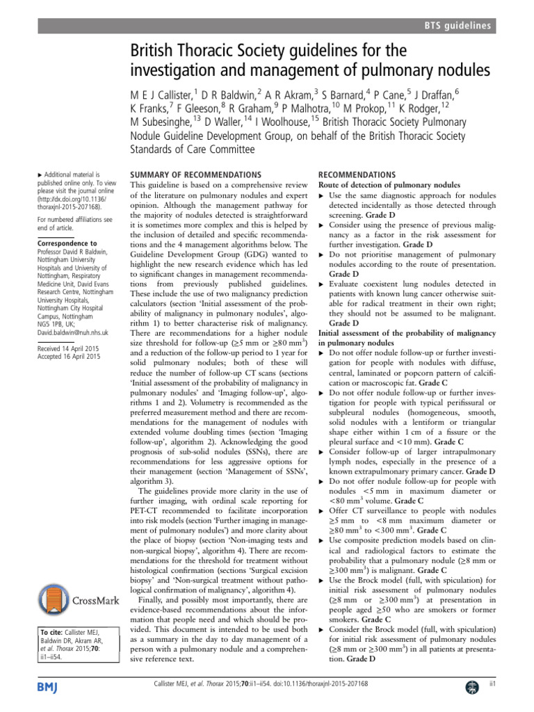 BTS Guidelines for Pulmonary Nodules | PDF | Medical Specialties ...