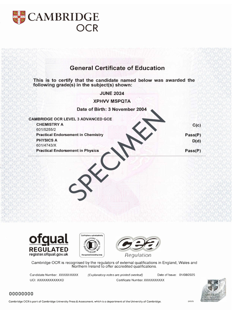 740437 Cambridge Ocr Example Certificate | PDF