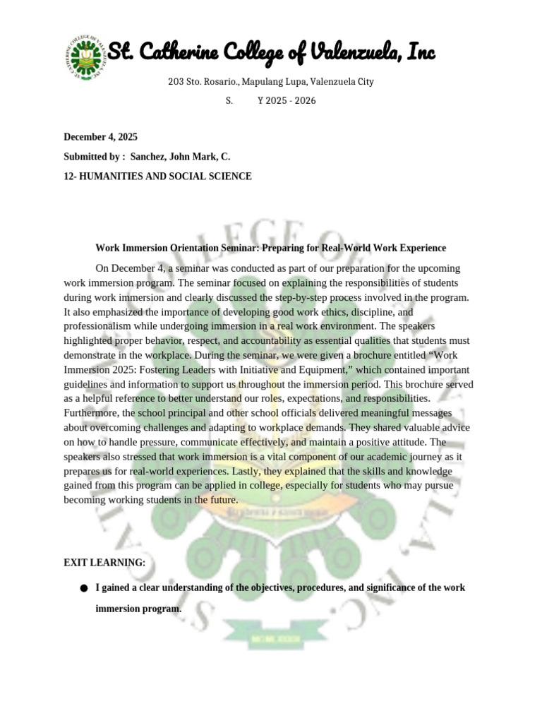Work Immersion Journal For | PDF | Disciplines | Psychology