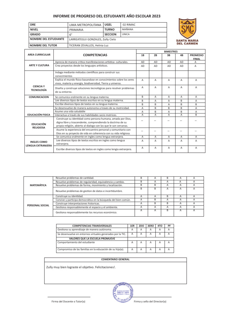 Notas Cole Santa Maria Del Carmen Rimac | PDF | Aprendizaje