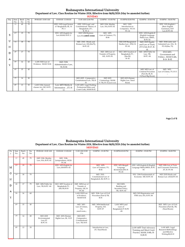 Class Routine.law.04.01.2026 for Students | PDF | Justice | Crime & Violence