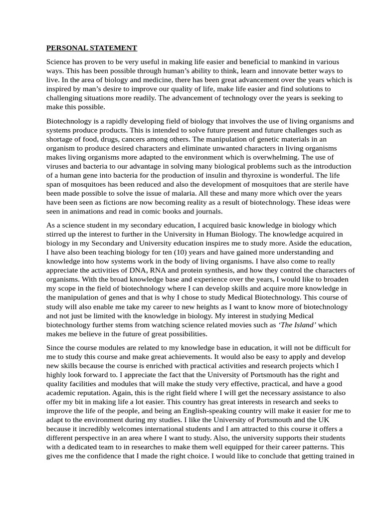 PERSONAL STATEMENT (Medical Biotechnology) | PDF | Biotechnology | Organisms