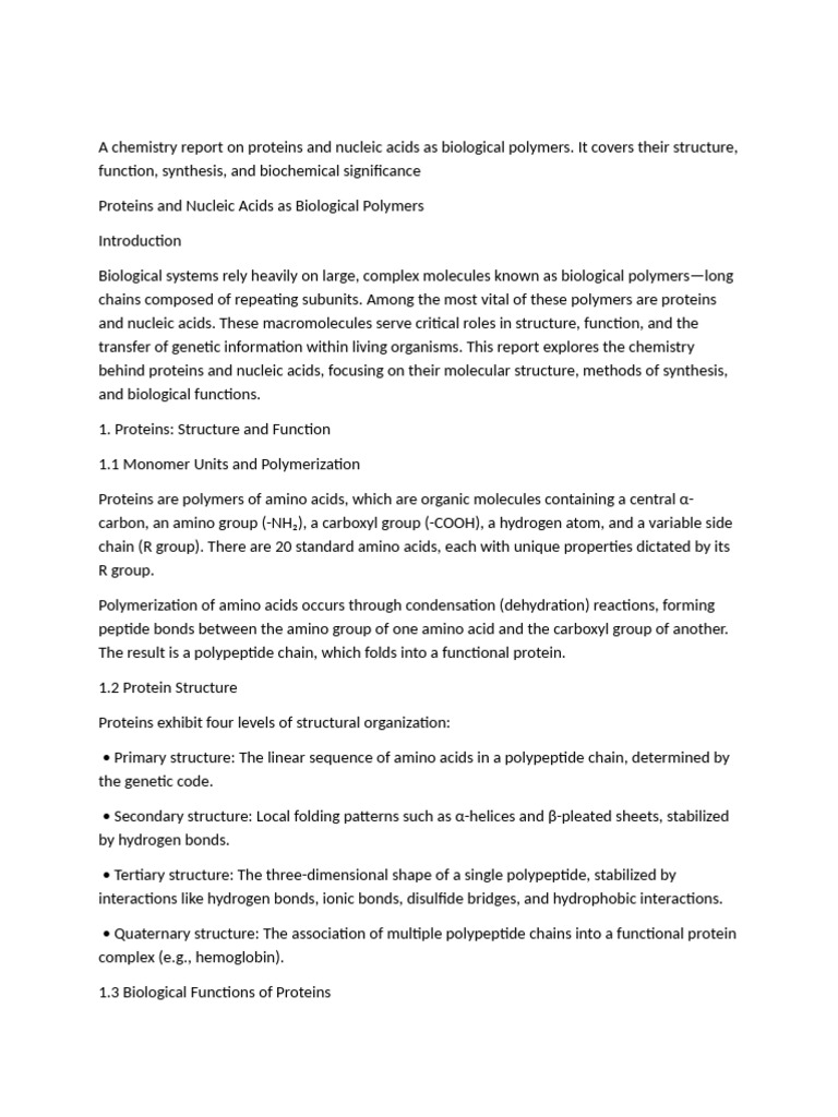 A Chemistry Report on Proteins and Nucleic Acids as Biological Polymers ...
