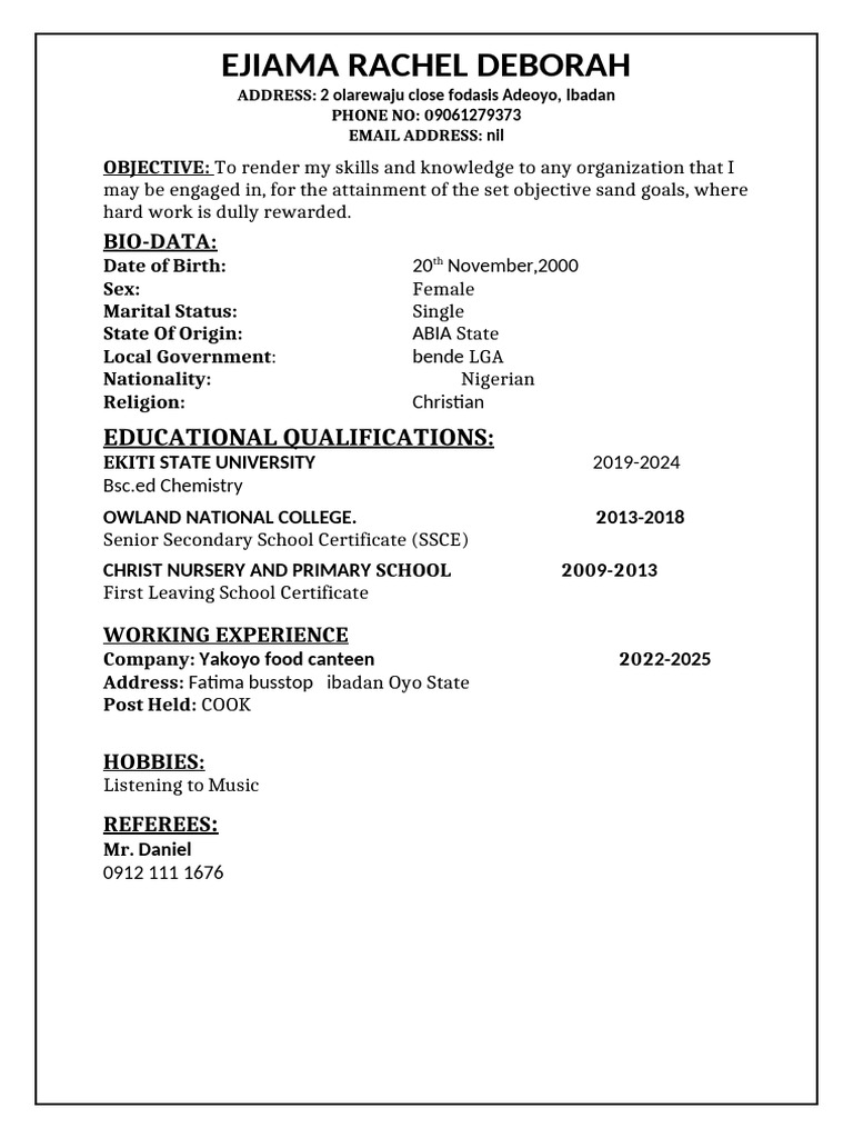 Rachel Deborah Ejiama CV Summary | PDF