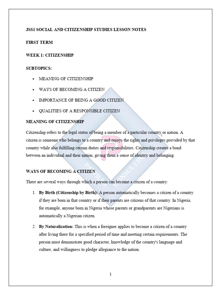 JSS1 Citizenship Studies Lesson Notes | PDF | Socialization | Family