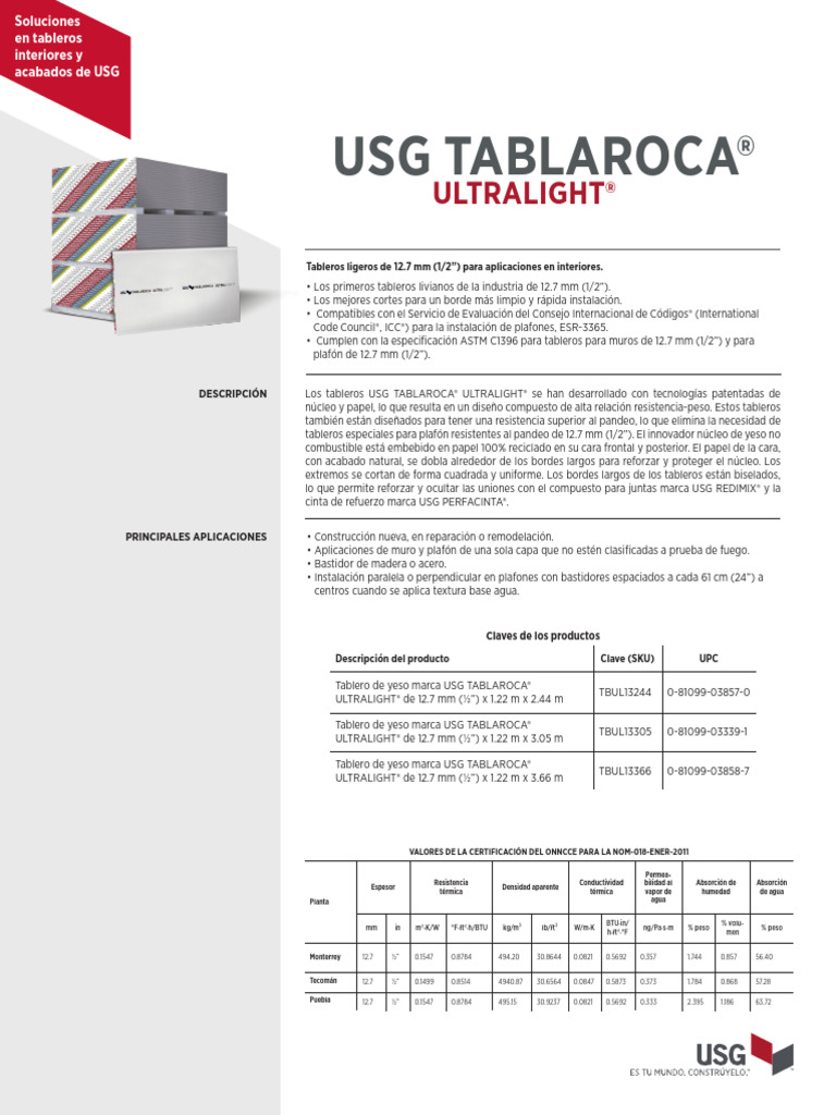 Tableros Ligeros USG de 12.7 mm para Interiores | PDF | Pintar | Tornillo