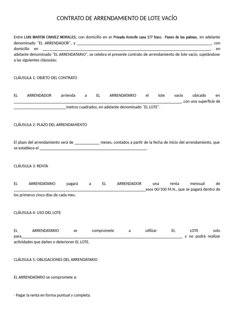 Contrato de Arrendamiento de Lote Vacío | PDF