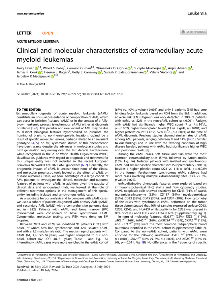 Clinical Features of Extramedullary AML | PDF | Leukemia | Diseases And ...
