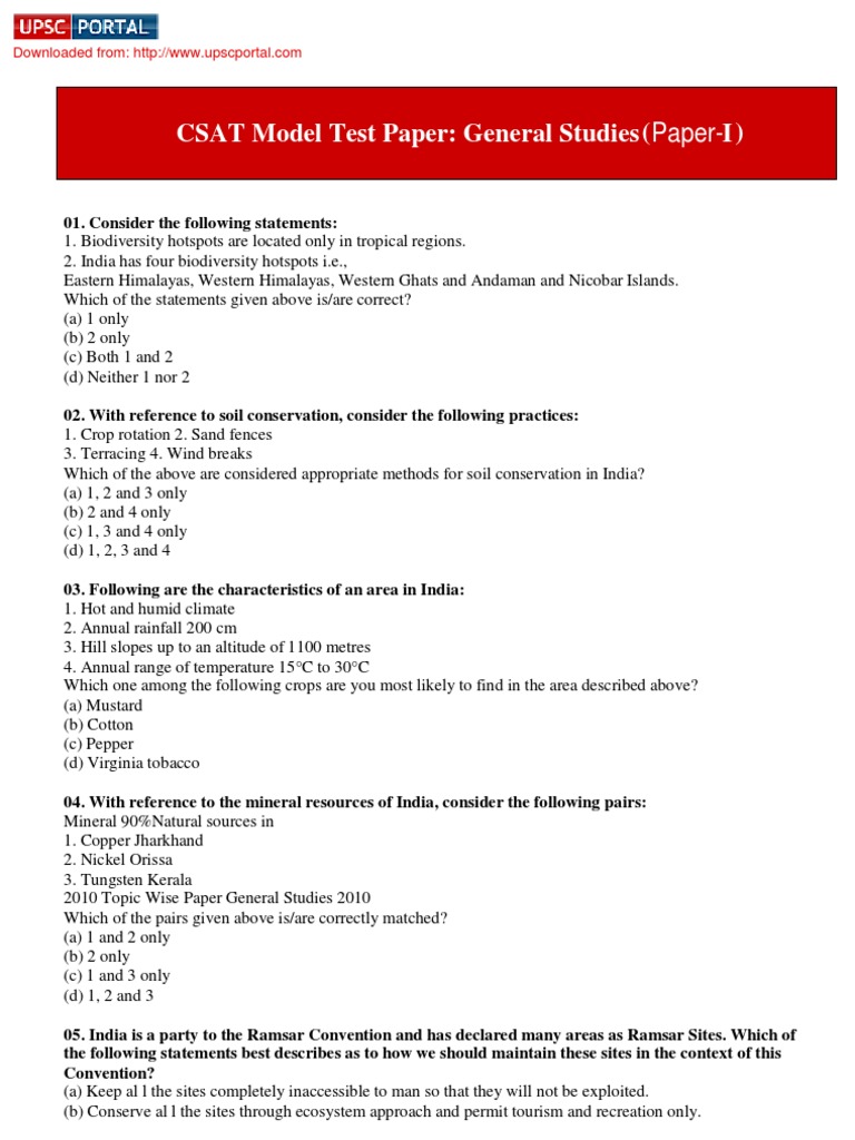 UPSC CSAT General Studies Model Test Paper | PDF | Travel | Technology ...