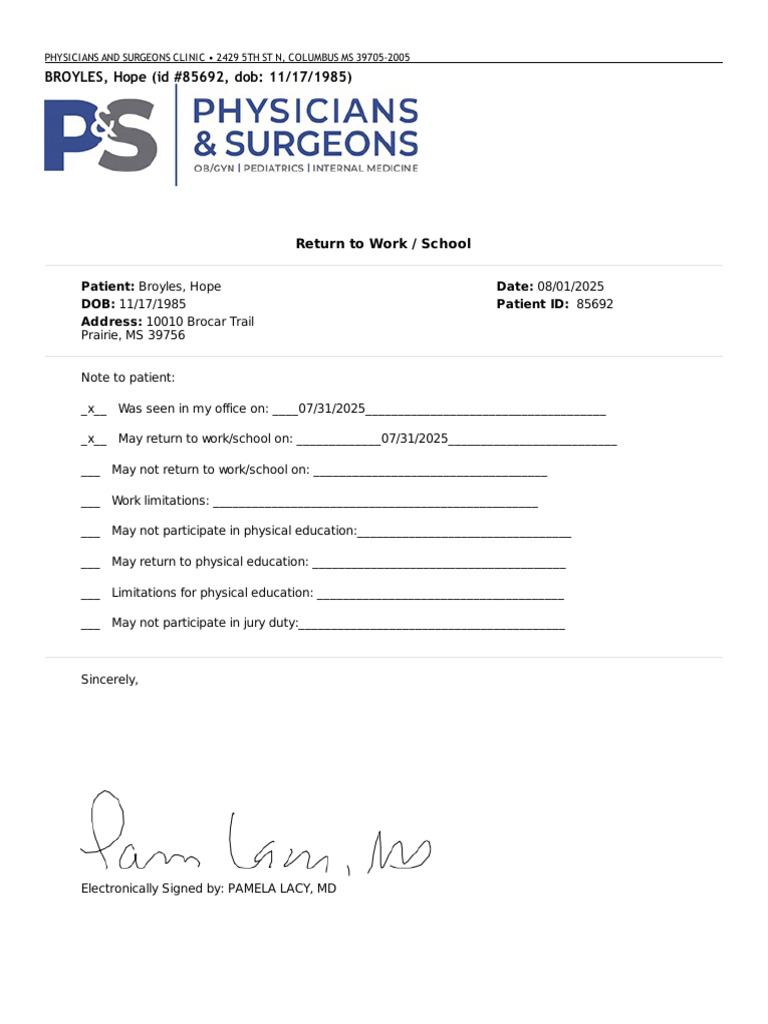 Return to Work Note for Hope Broyles | PDF